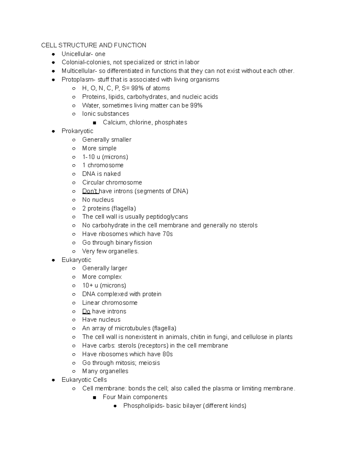 Bio Test Nov. 8 - Test Notes - CELL STRUCTURE AND FUNCTION Unicellular ...