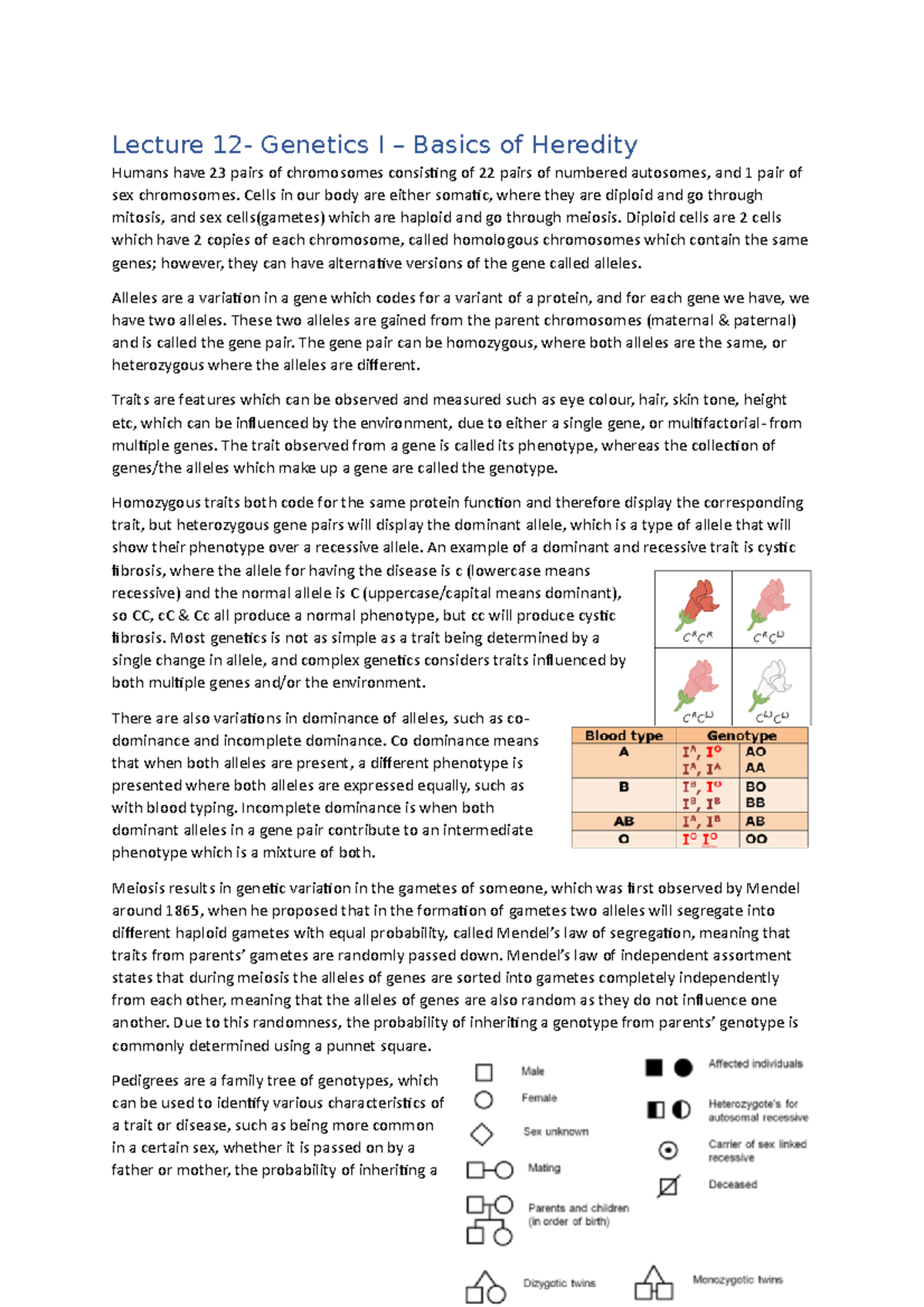 Lecture 12 - Lecture 12- Genetics I – Basics of Heredity Humans have 23 ...