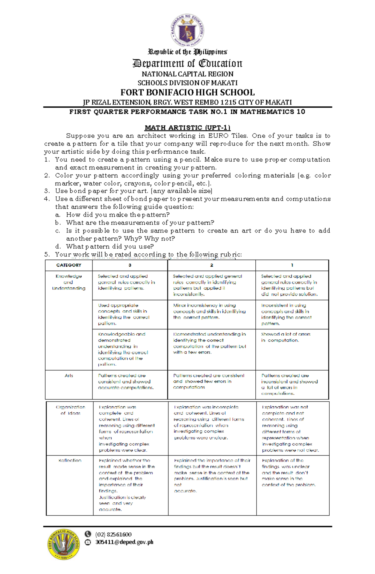 Q1 PETA NO. 1 - Performance task about sequence - Republic of the ...