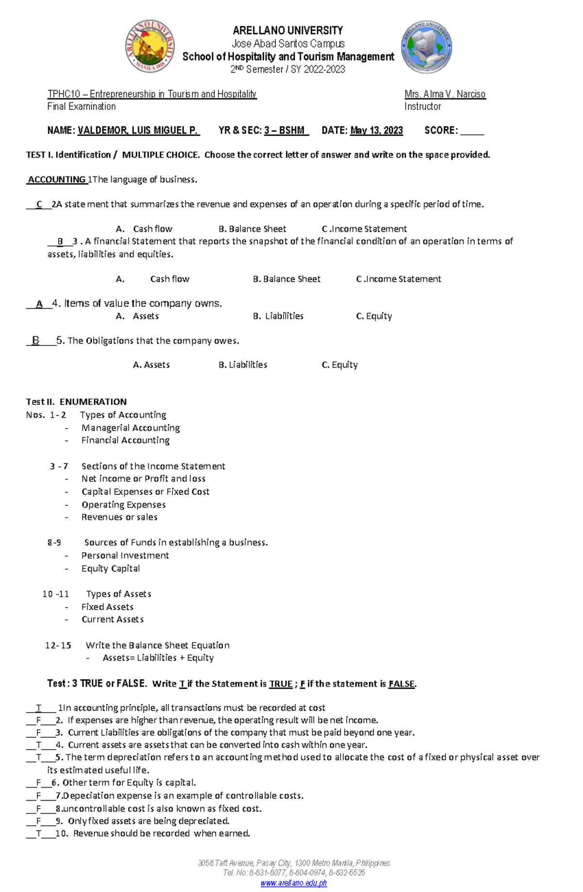 Entrep.-Final-Exam- Valdemor, LUIS Miguel P - ARELLANO UNIVERSITY Jose ...