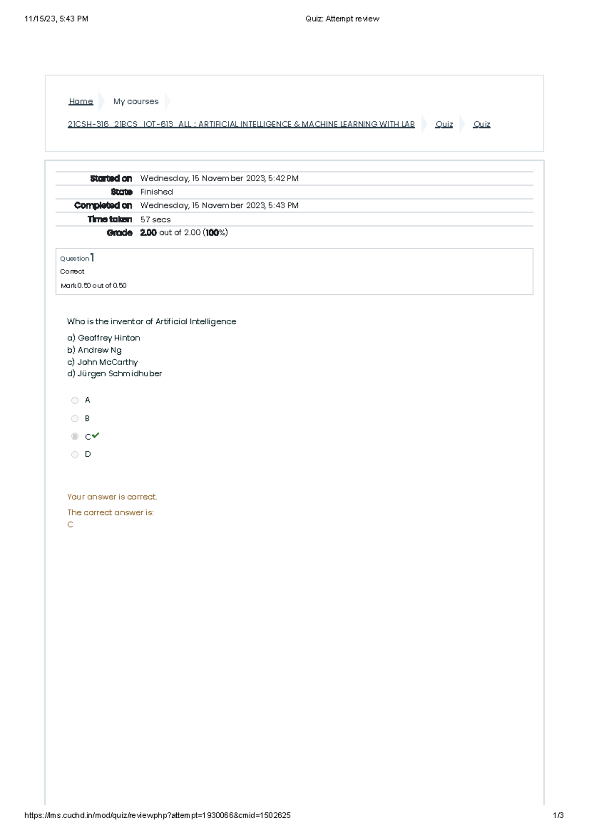 Quiz Attempt review - 3rd year 5th sem - 11/15/23, 5:43 PM Quiz: Attempt review - Studocu