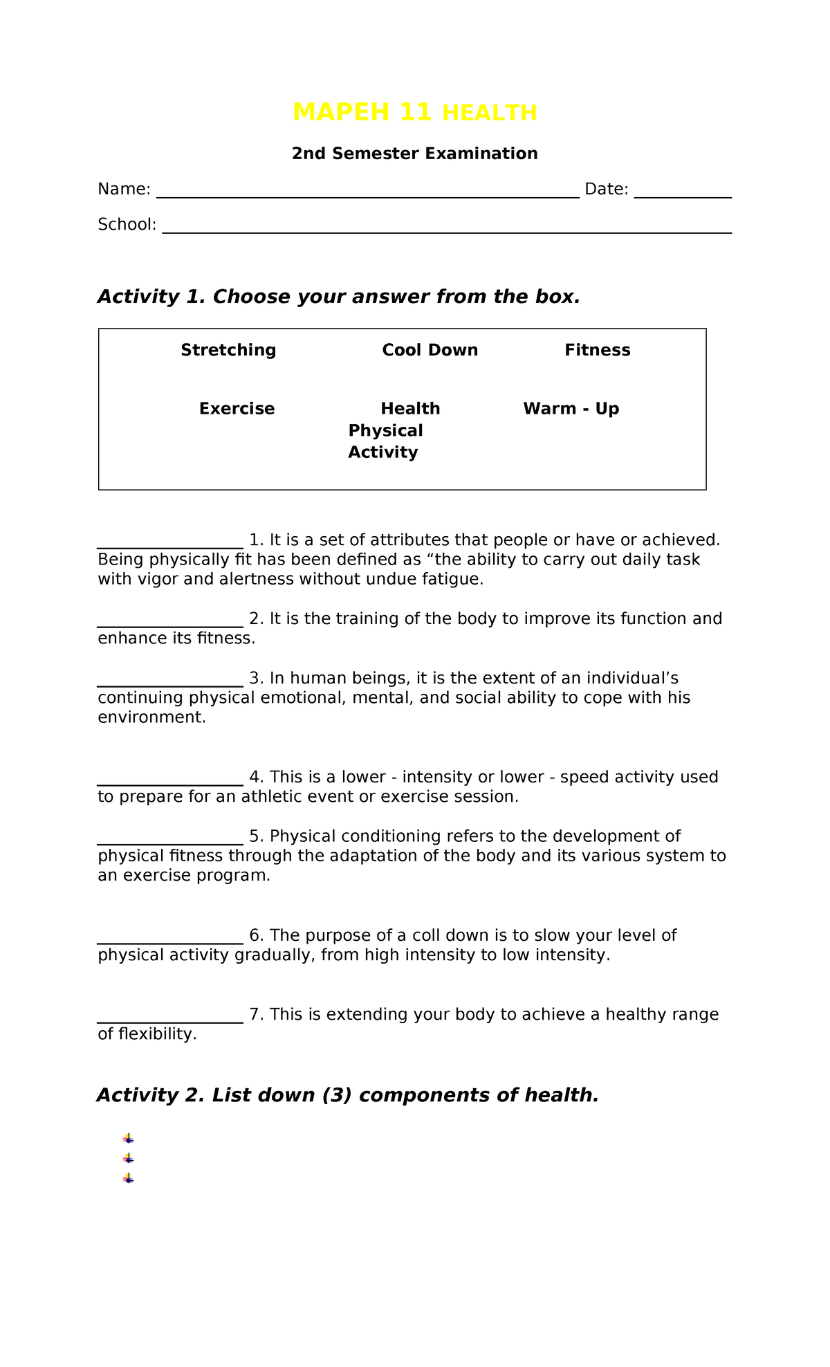 Grade 11 - Academic Lecture - MAPEH 11 HEALTH 2nd Semester Examination ...