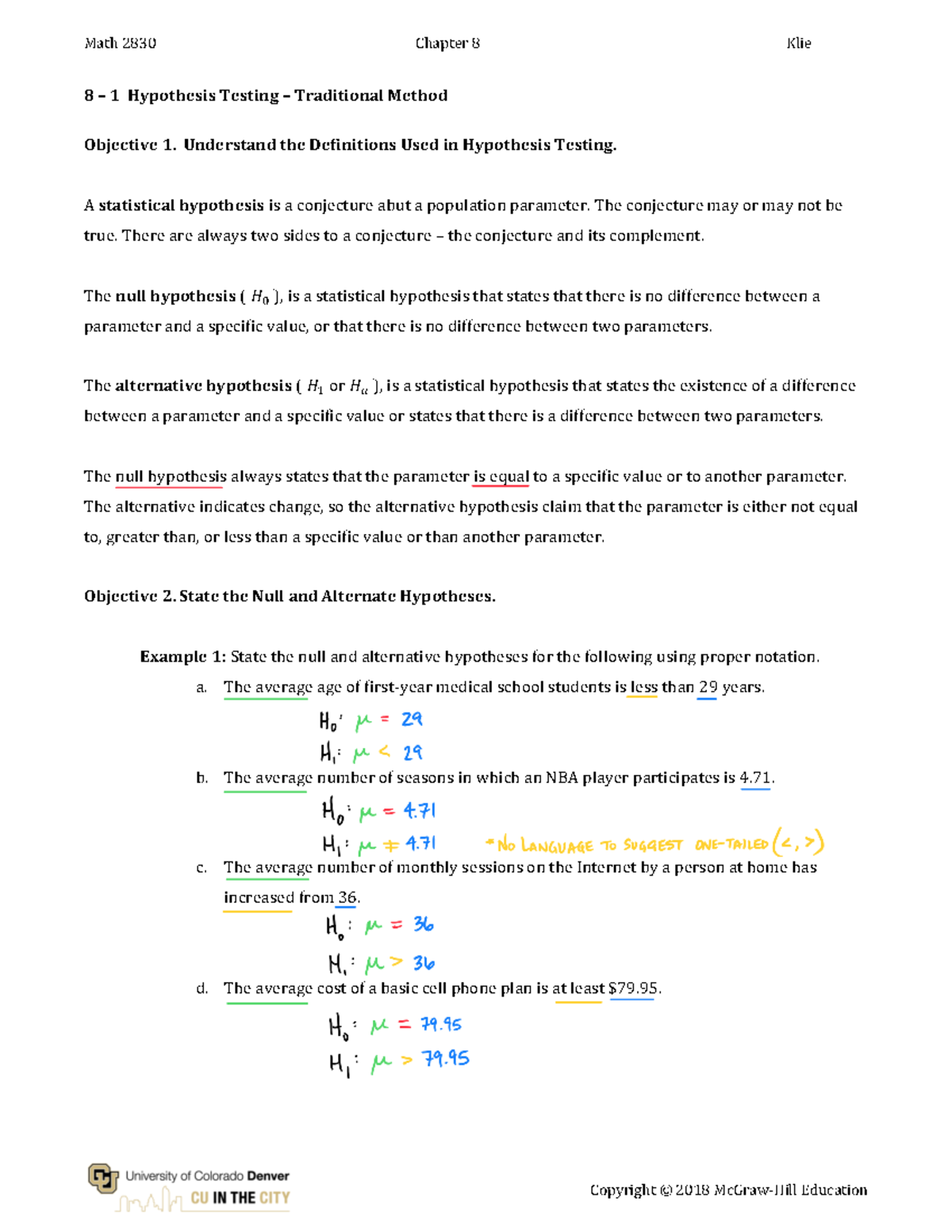 Chapter 8 - Professor Daniel Klie - 8 – 1 Hypothesis Testing ...