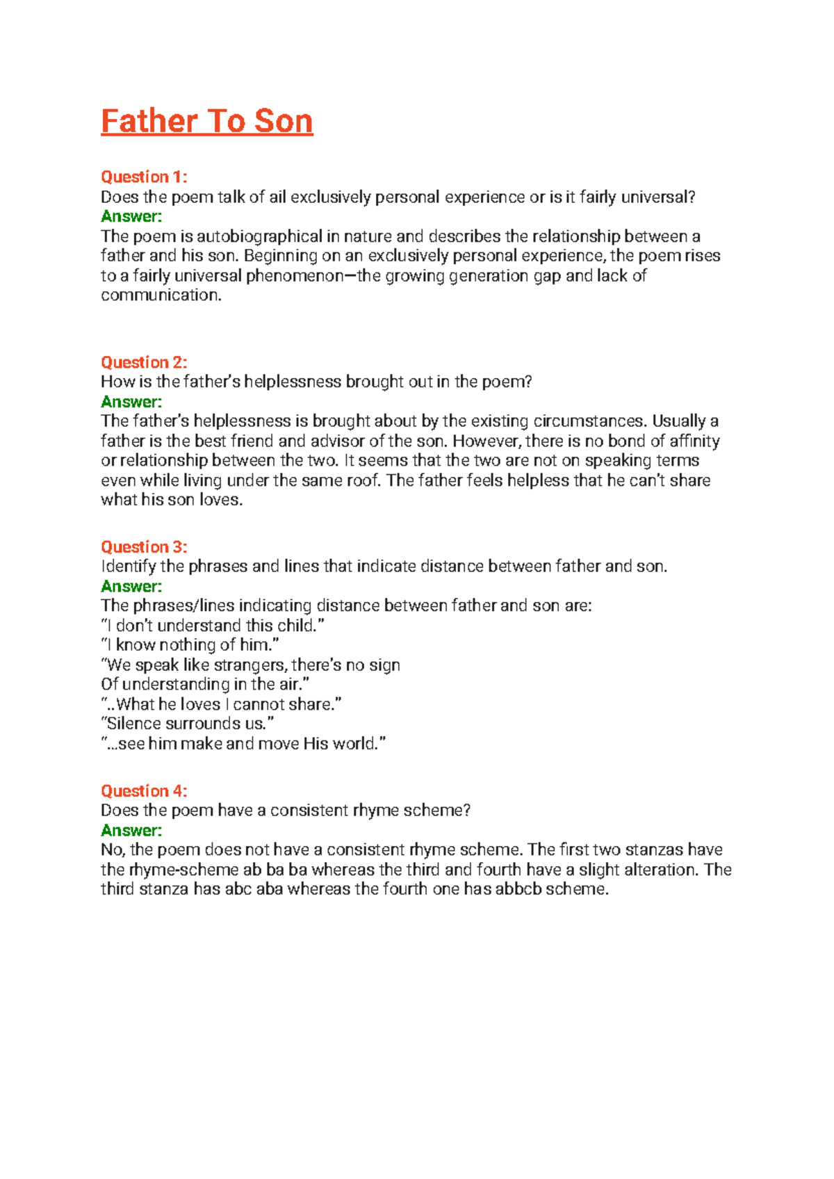 English - Father To Son Question 1: Does the poem talk of ail ...