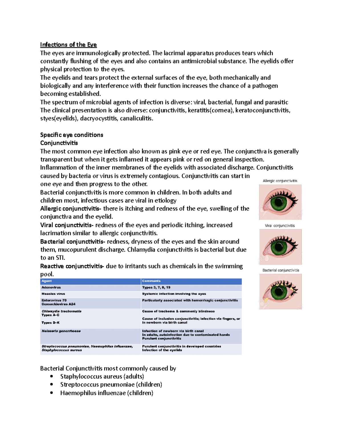Infections of the Eye summary - Infections of the Eye The eyes are ...