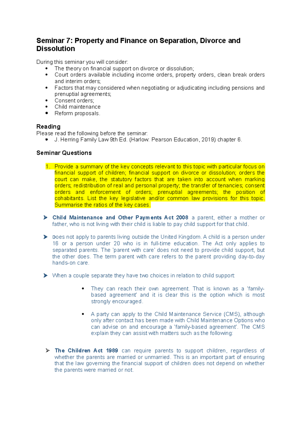 Seminar 7 finances - Seminar 7: Property and Finance on Separation ...