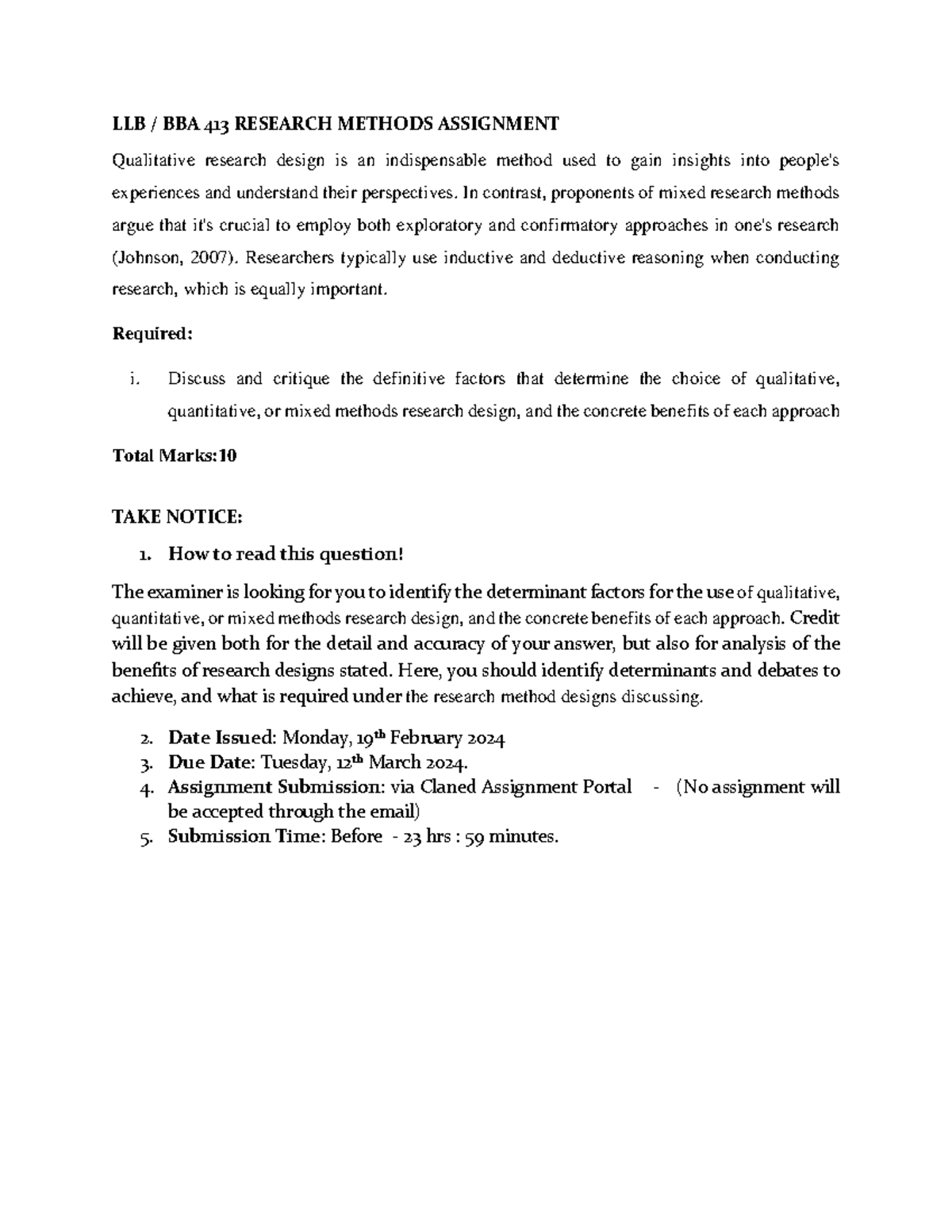 Llbbba 413 Researchmethodsassignment 1CA1 - LLB / BBA 413 RESEARCH ...