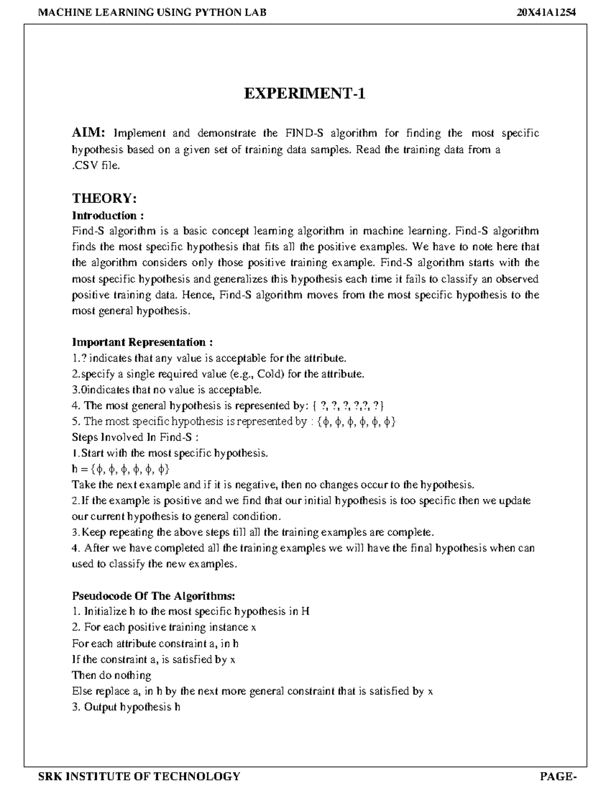 Siva Ml Experiment 1 Aim Implement And Demonstrate The Find S Algorithm For Finding The Most