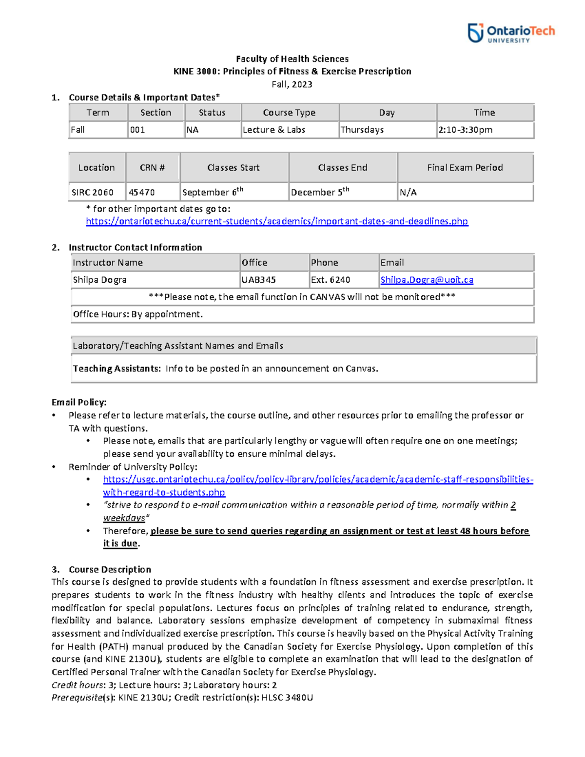 Kine 3000 Course Outline 2023 - Faculty of Health Sciences KINE 3000 ...