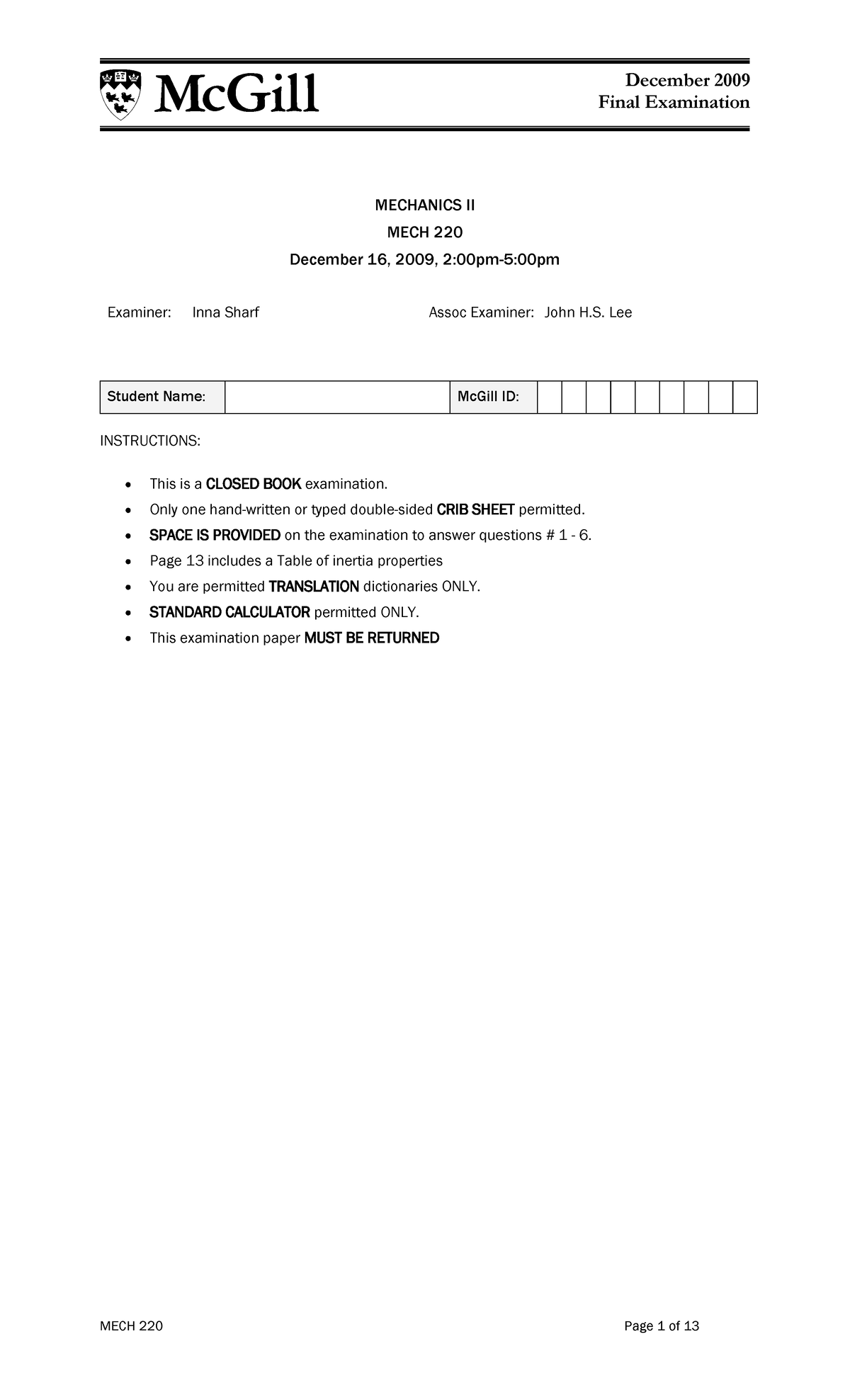 MECH 220 Final 2009 - December 2009 Final Examination MECHANICS II MECH ...