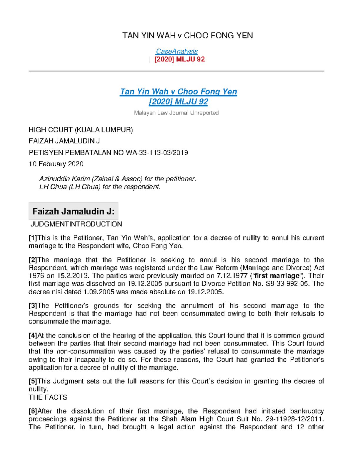 2. Tan Yin Wah v Choo Fong Yen - TAN YIN WAH v CHOO FONG YEN CaseAnalysis | [2020] MLJU 92 Tan ...