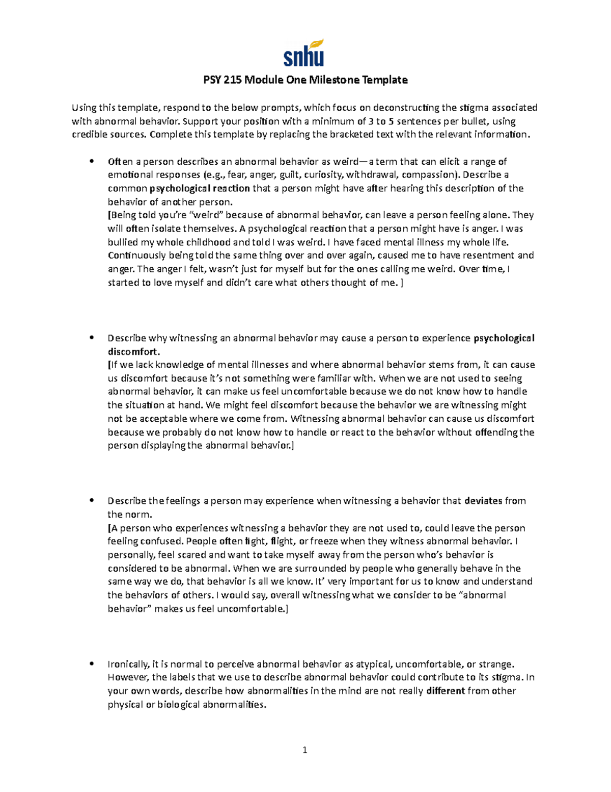 PSY 215 Module One Milestone Template - PSY 215 Module One Milestone ...