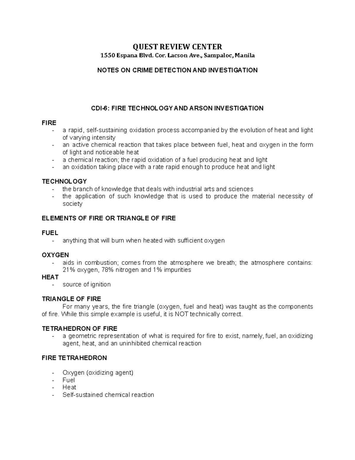 Fire Tech Module - QUEST REVIEW CENTER 1550 Espana Blvd. Cor. Lacson ...