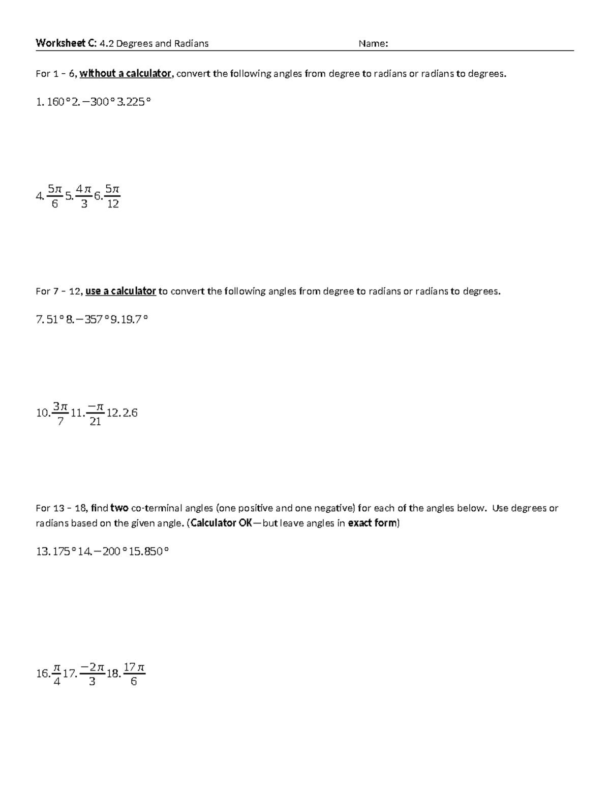 Worksheet C 4.2 Degree and Radians with Coterminal Angles - Worksheet C ...