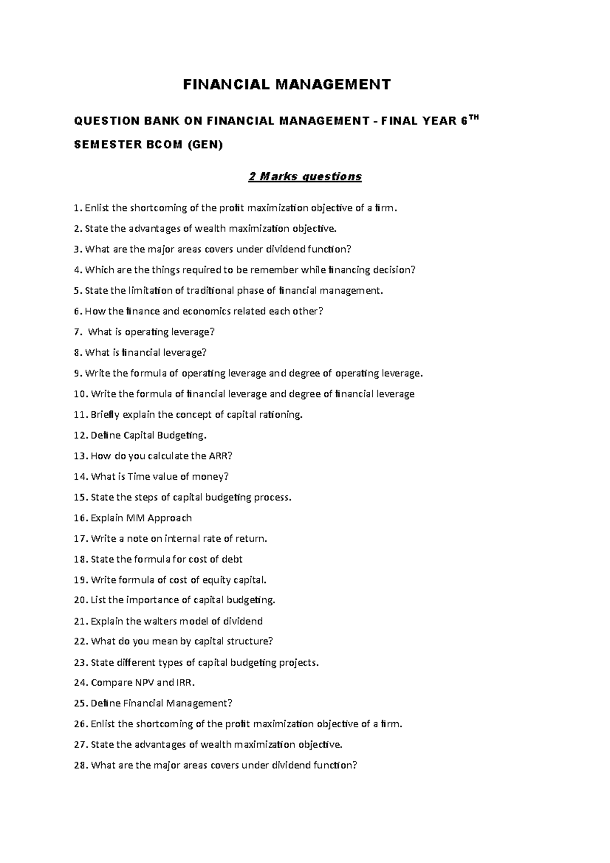 Question bank fm - Financial management - FINANCIAL MANAGEMENT QUESTION ...