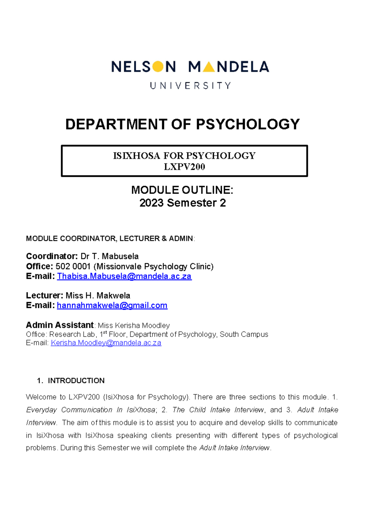 LXPV200 Module Outline 2023 - Sem 2 - DEPARTMENT OF PSYCHOLOGY MODULE OUTLINE: 2023 Semester 2 ...