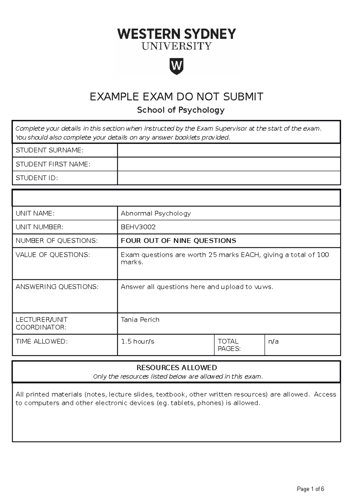 Example EXAM - EXAMPLE EXAM DO NOT SUBMIT School of Psychology Complete ...