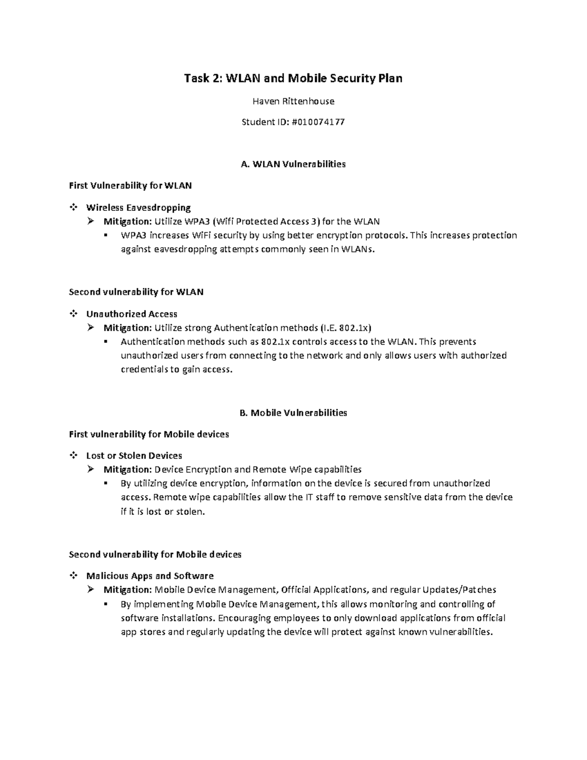 Task 2 WLAN and Mobile Security Plan - WLAN Vulnerabilities First Vulnerability for WLAN ...