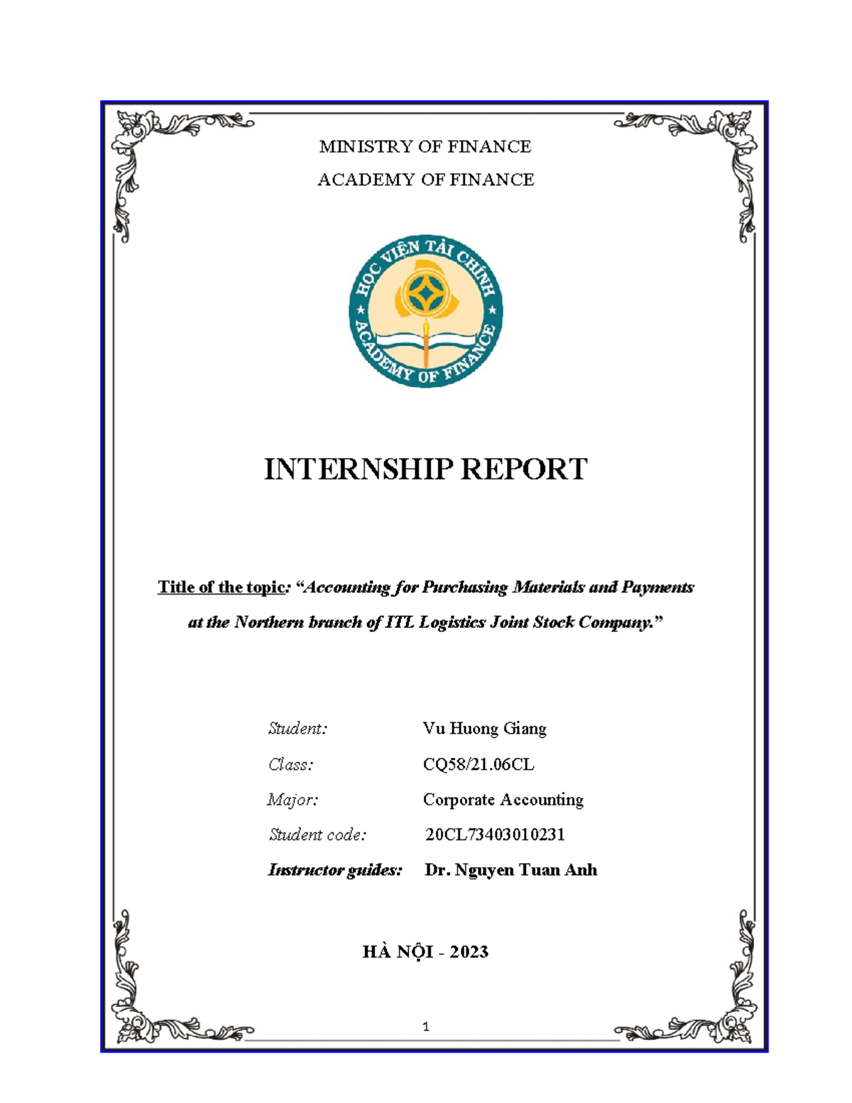 Internship- Report - Noyhing - MINISTRY OF FINANCE ACADEMY OF FINANCE ...