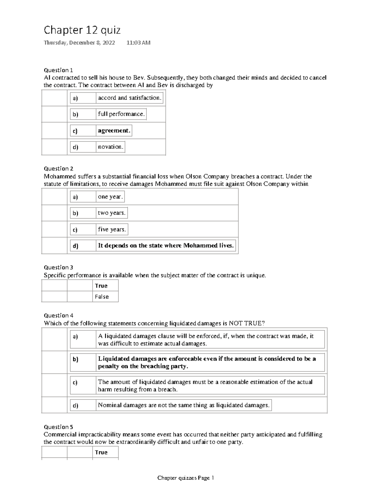 Chapter 12 quiz - Question 1 Al contracted to sell his house to Bev ...