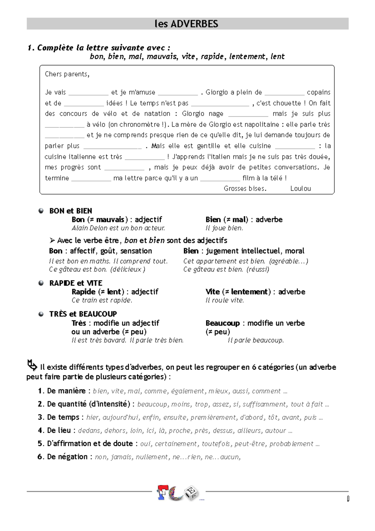 Exercices la place de ladverbe - les ADVERBESles ADVERBES 1. Complète ...