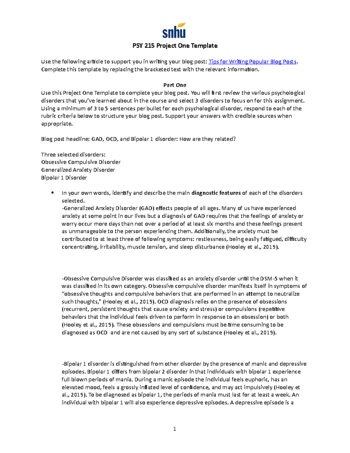 PSY 215 Project One - PSY 215 Project One Template Use the following article to support you in ...