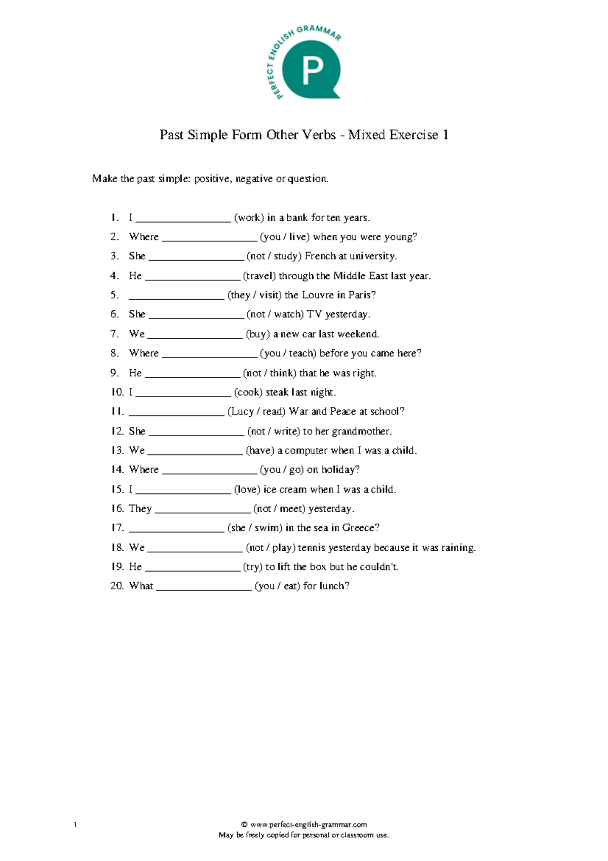 Past Simple Form With Other Verbs Mixed Exercise 1 1 Perfect