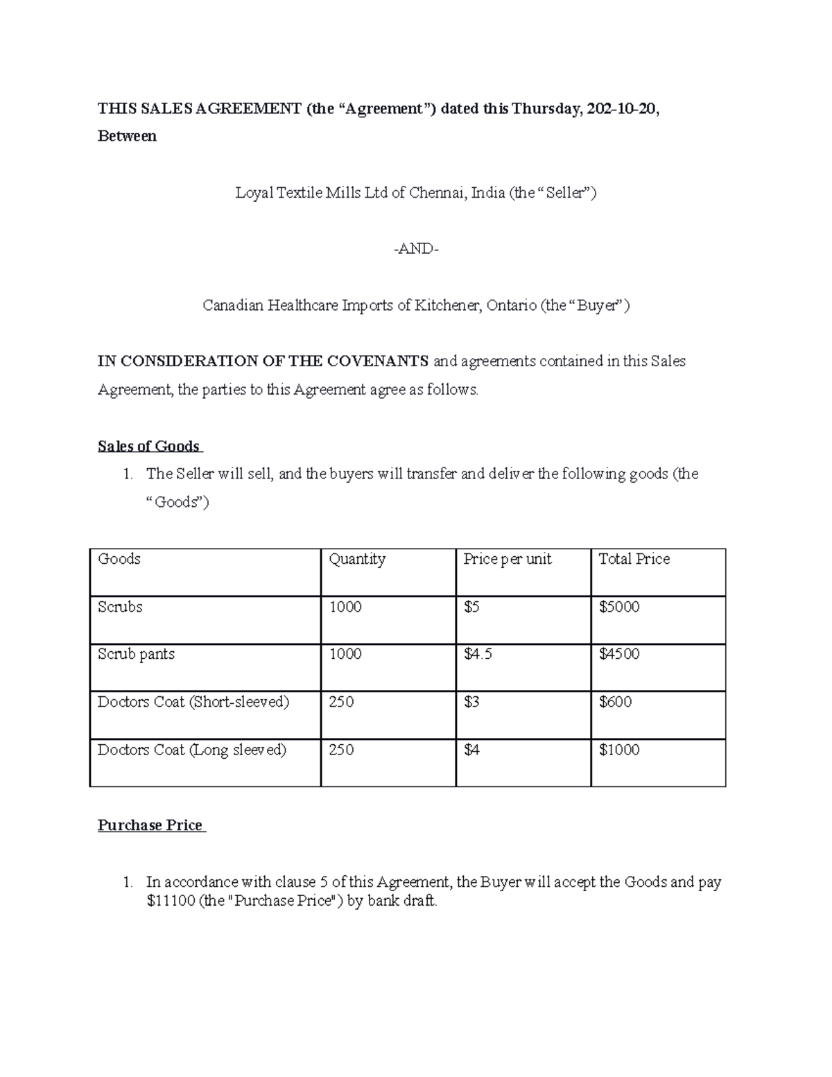 THIS Sales Agreement - THIS SALES AGREEMENT (the “Agreement”) dated ...