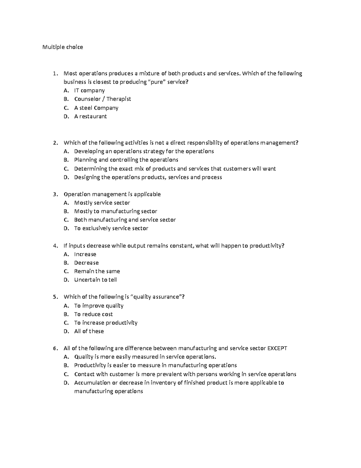 Multiple choice Question for Operation Business Management - Bachler of ...