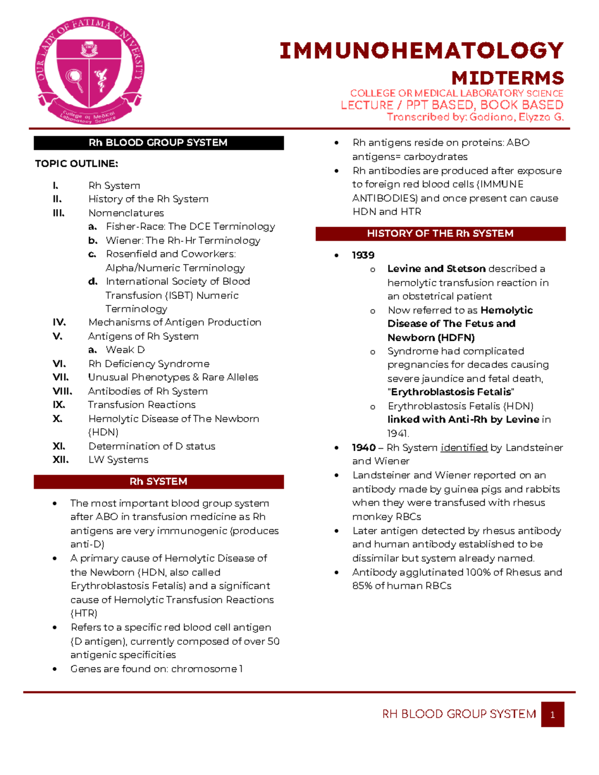 Rh Blood Group System - MIDTERMS COLLEGE OR MEDICAL LABORATORY SCIENCE ...