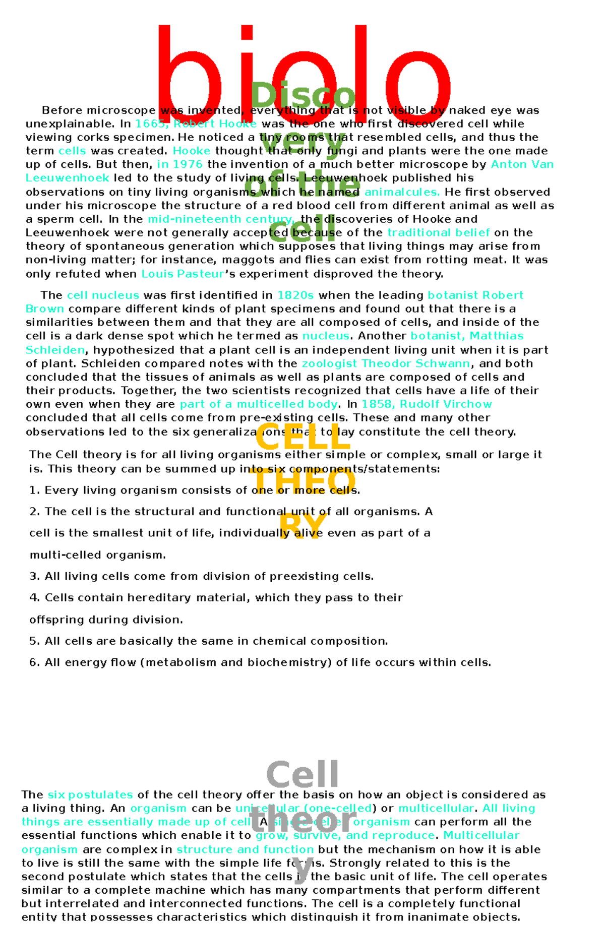 Biology 1 - Personal notes for cells. - biolo Disco very of the cell ...