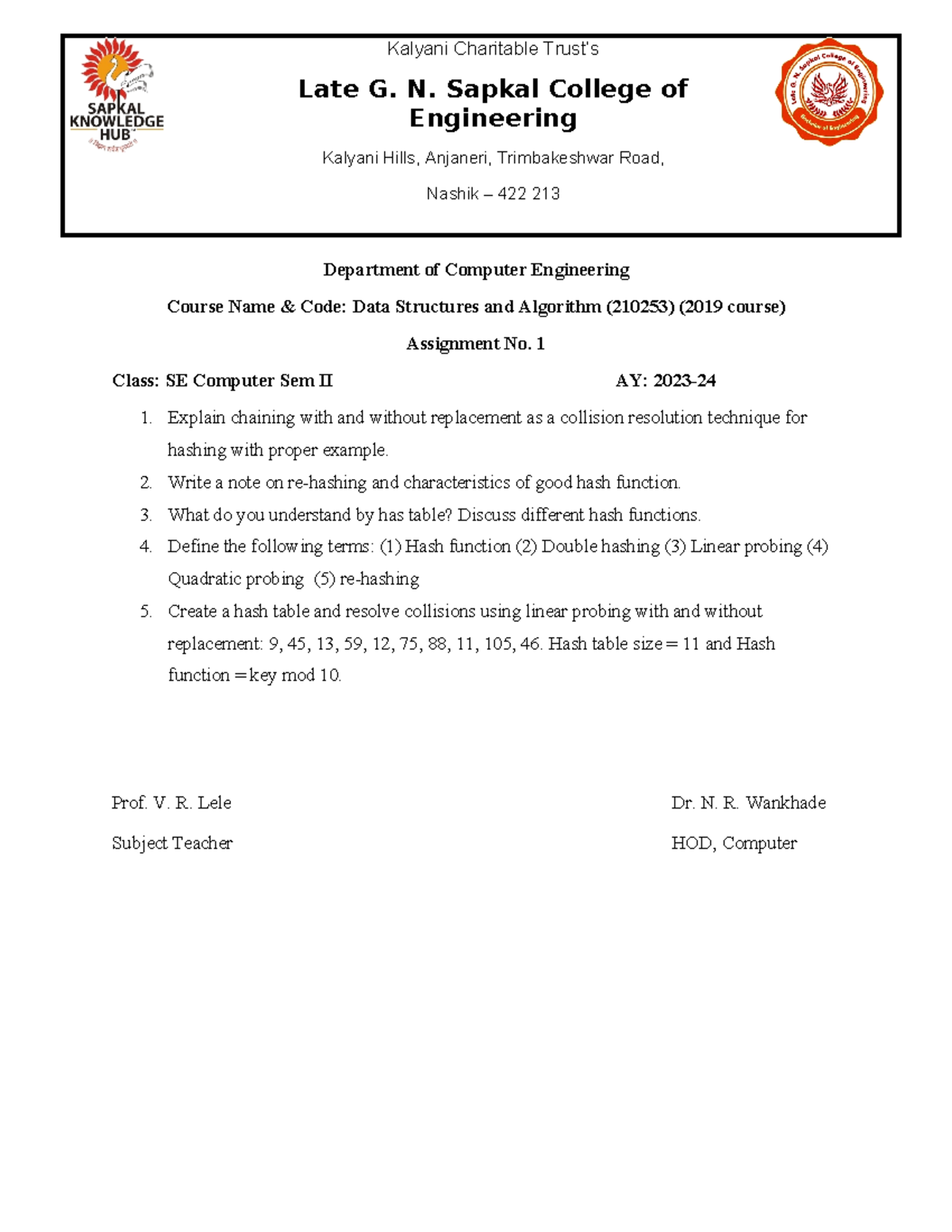 DSA Assignment 1 23-24 - yes - Late G. N. Sapkal College of Engineering Kalyani Hills, Anjaneri ...