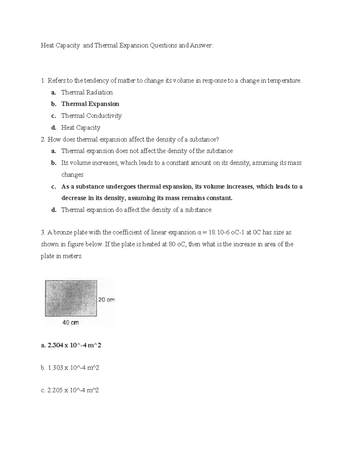 HEAT AND Thermal Expansion Questionnaire - Heat Capacity and Thermal ...