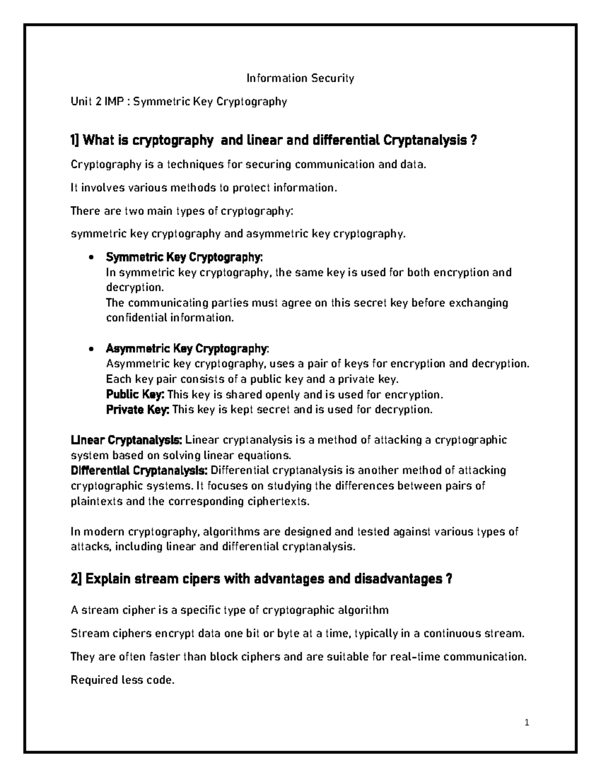 IS unit 2 IMP bat notes - Information Security Unit 2 IMP : Symmetric ...