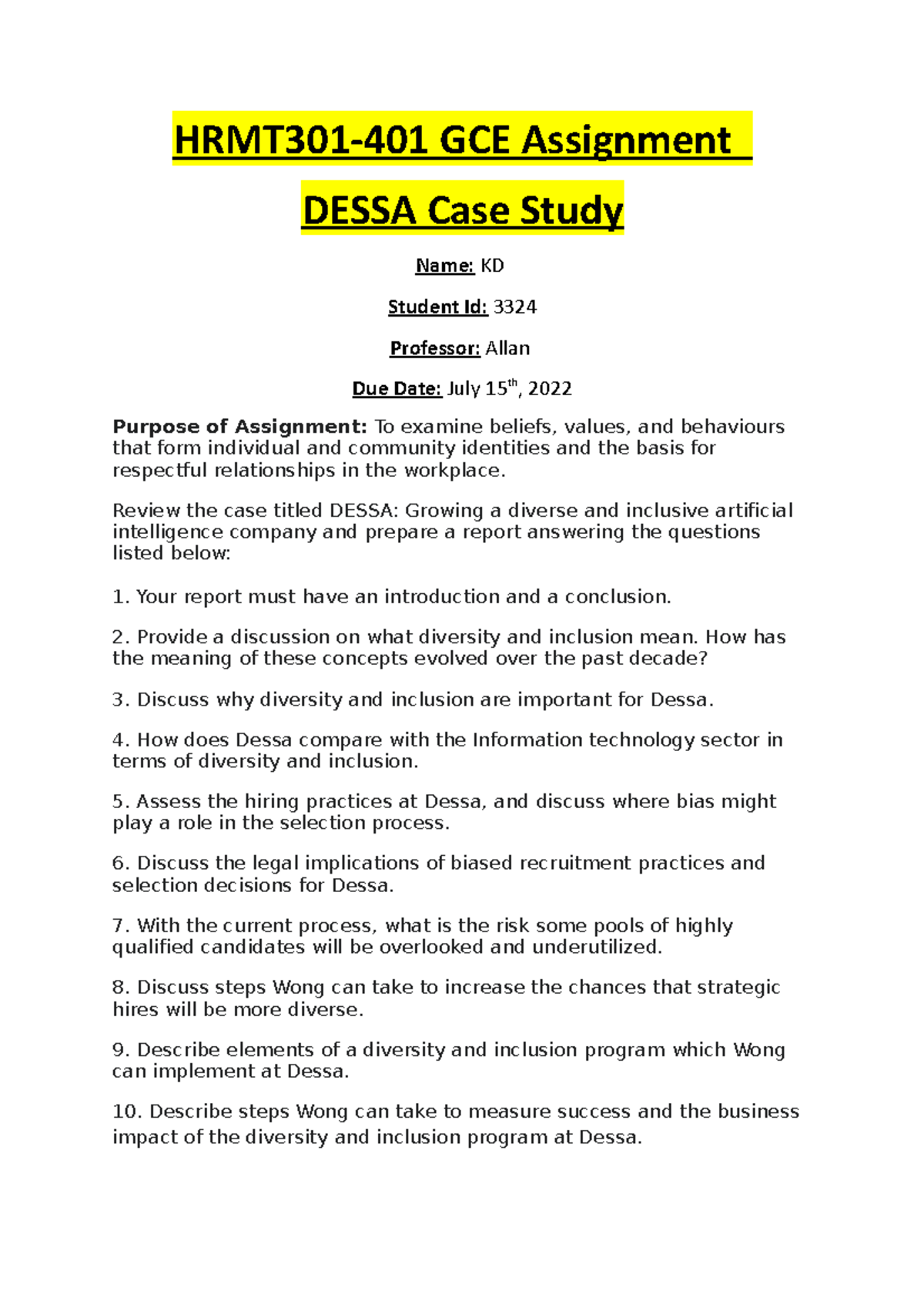 HRMT103- Dessa Assignment - HRMT301-401 GCE Assignment DESSA Case Study ...