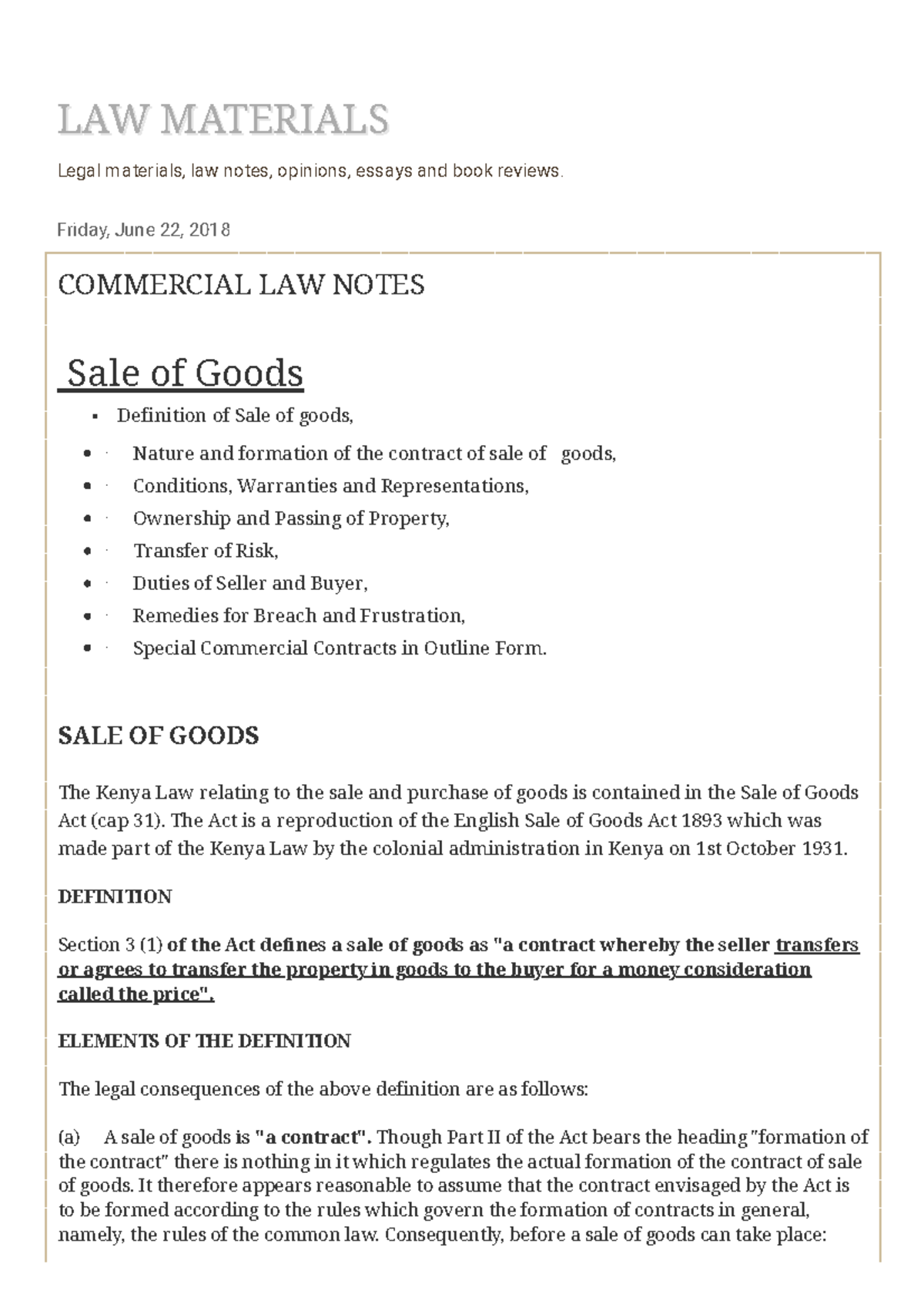 Commercial Law Notes - Legal materials, law notes, opinions, essays and ...