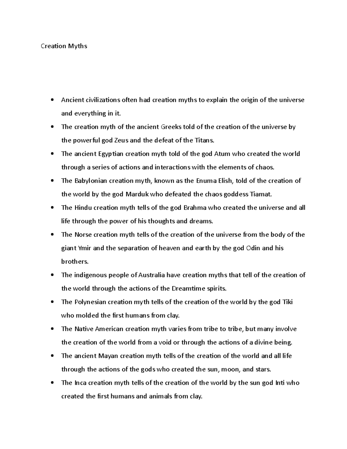 Creation Myths notes - Creation Myths Ancient civilizations often had ...