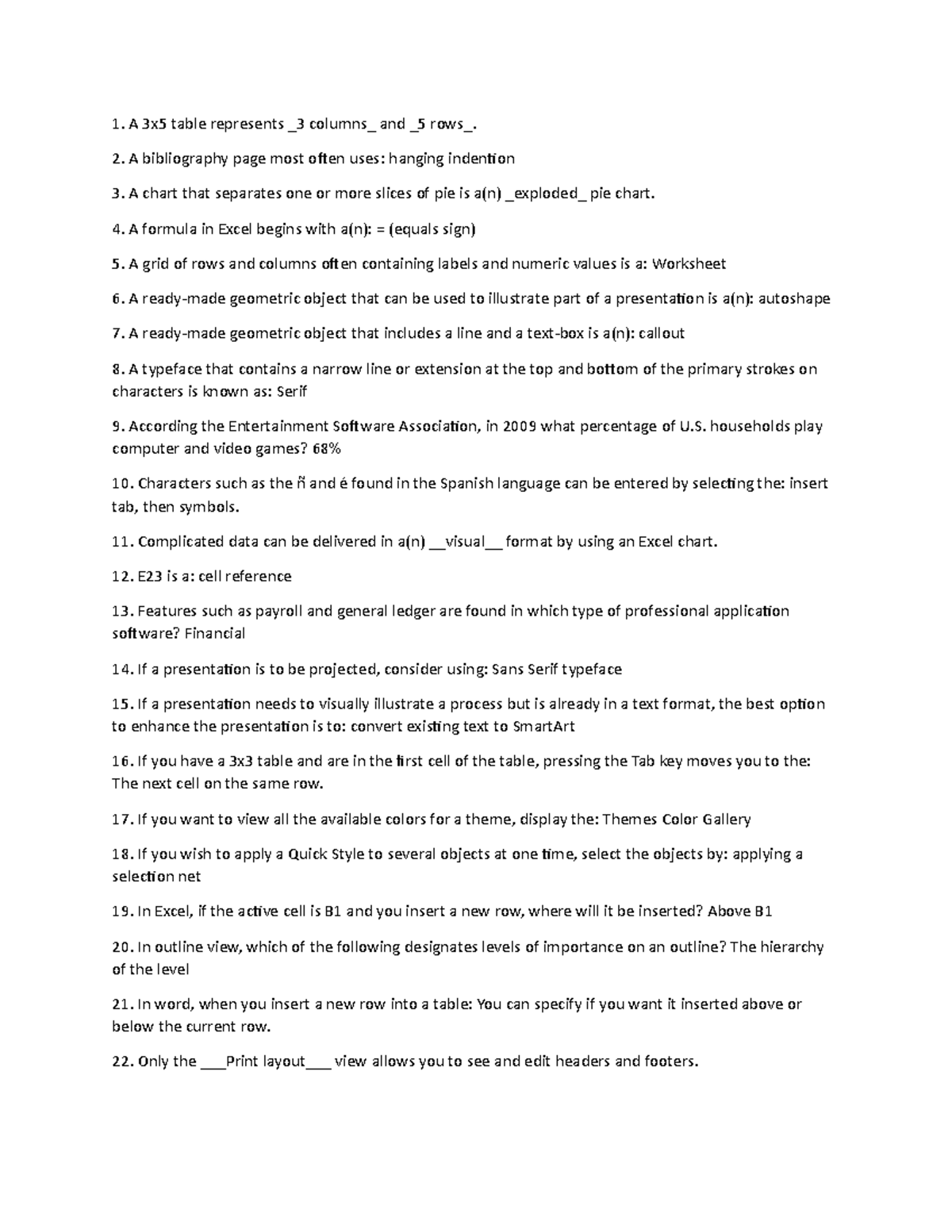 Exam2Review-Final Draft - 1. A 3x5 table represents _3 columns_ and _5 ...
