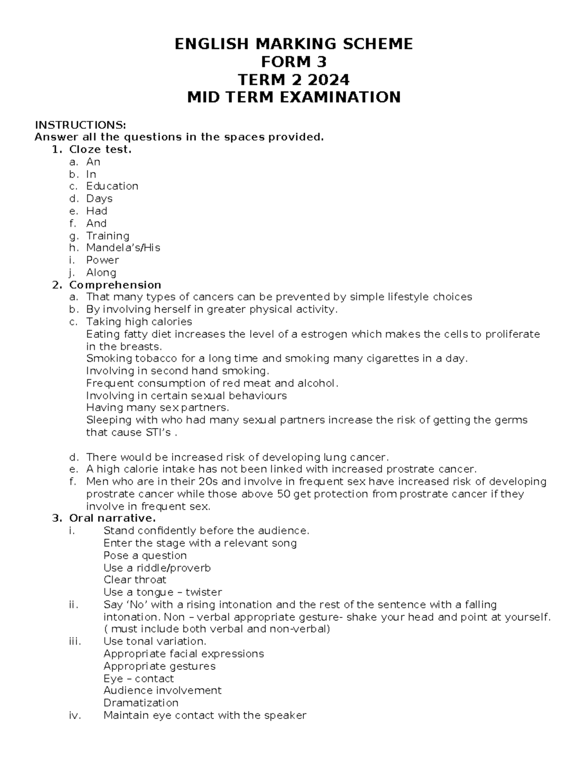 English F3 MS - notes - ENGLISH MARKING SCHEME FORM 3 TERM 2 2024 MID ...