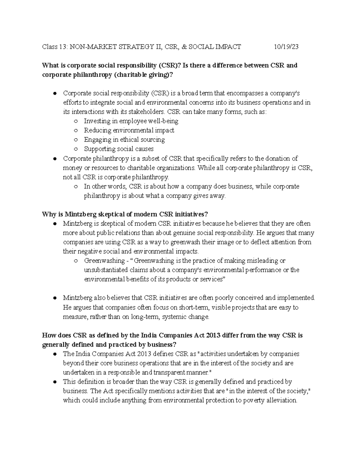 Class 13 NON- Market Strategy II, CSR, & Social Impact - Google Docs ...