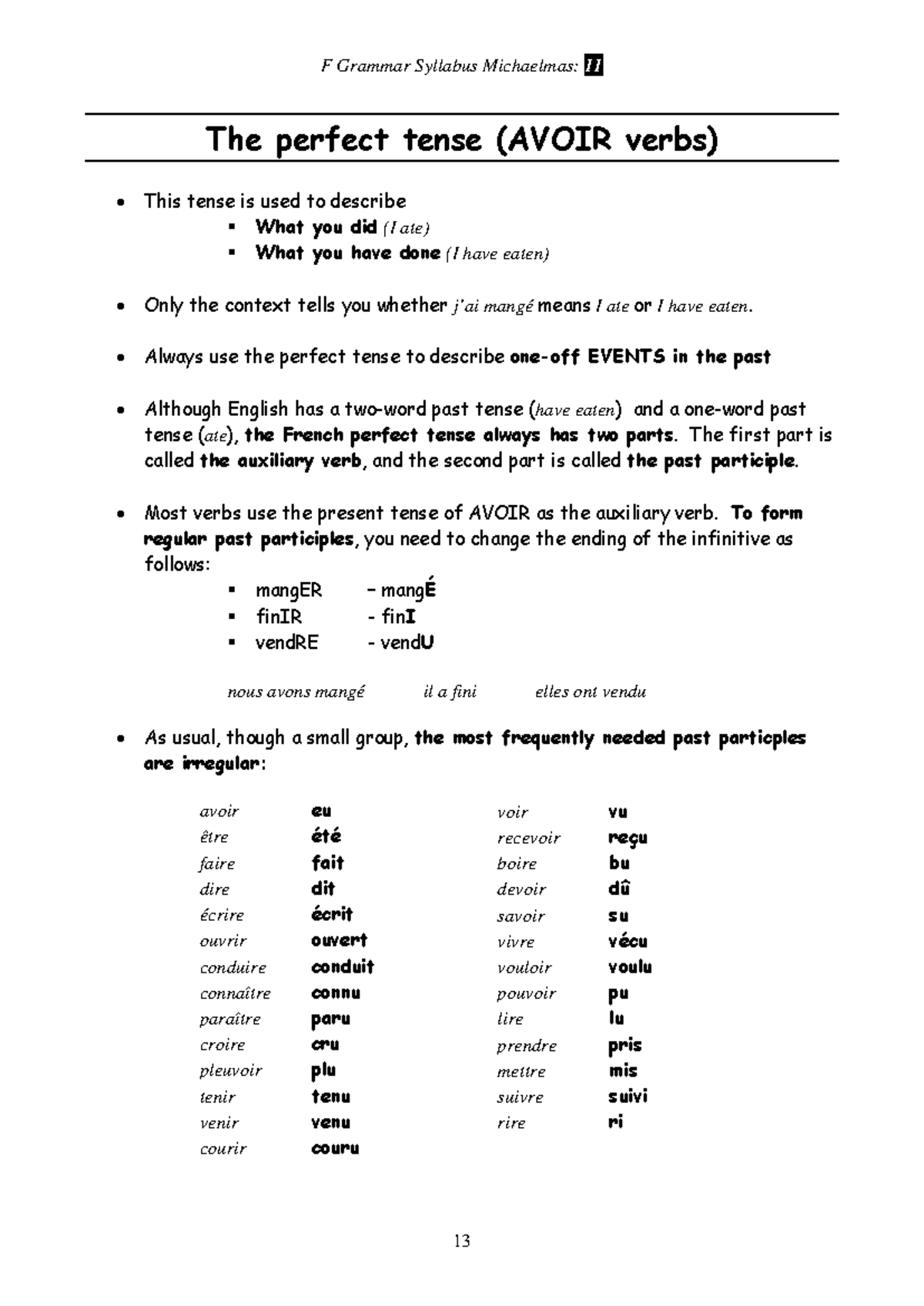 French notes 2nd term - F Grammar Syllabus Michaelmas: 11 The perfect ...