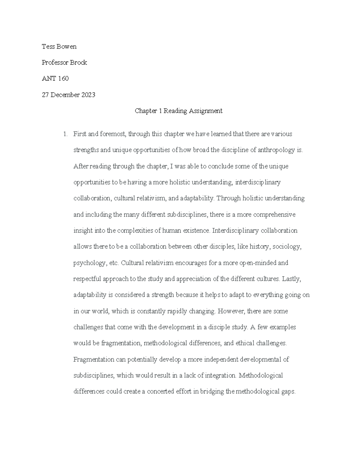 Chapter 1 Reading Assignment 1 - Tess Bowen Professor Brock ANT 160 27 ...