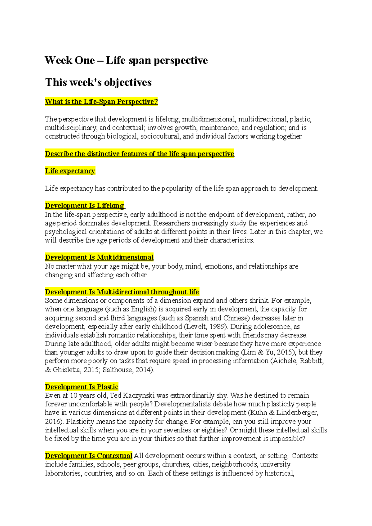 Week One - Week one study notes - Week One – Life span perspective This ...