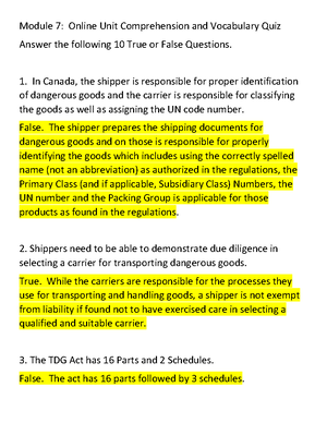 Module 2 Self Test on Comprehension and Vocabulary Answers highlighted ...