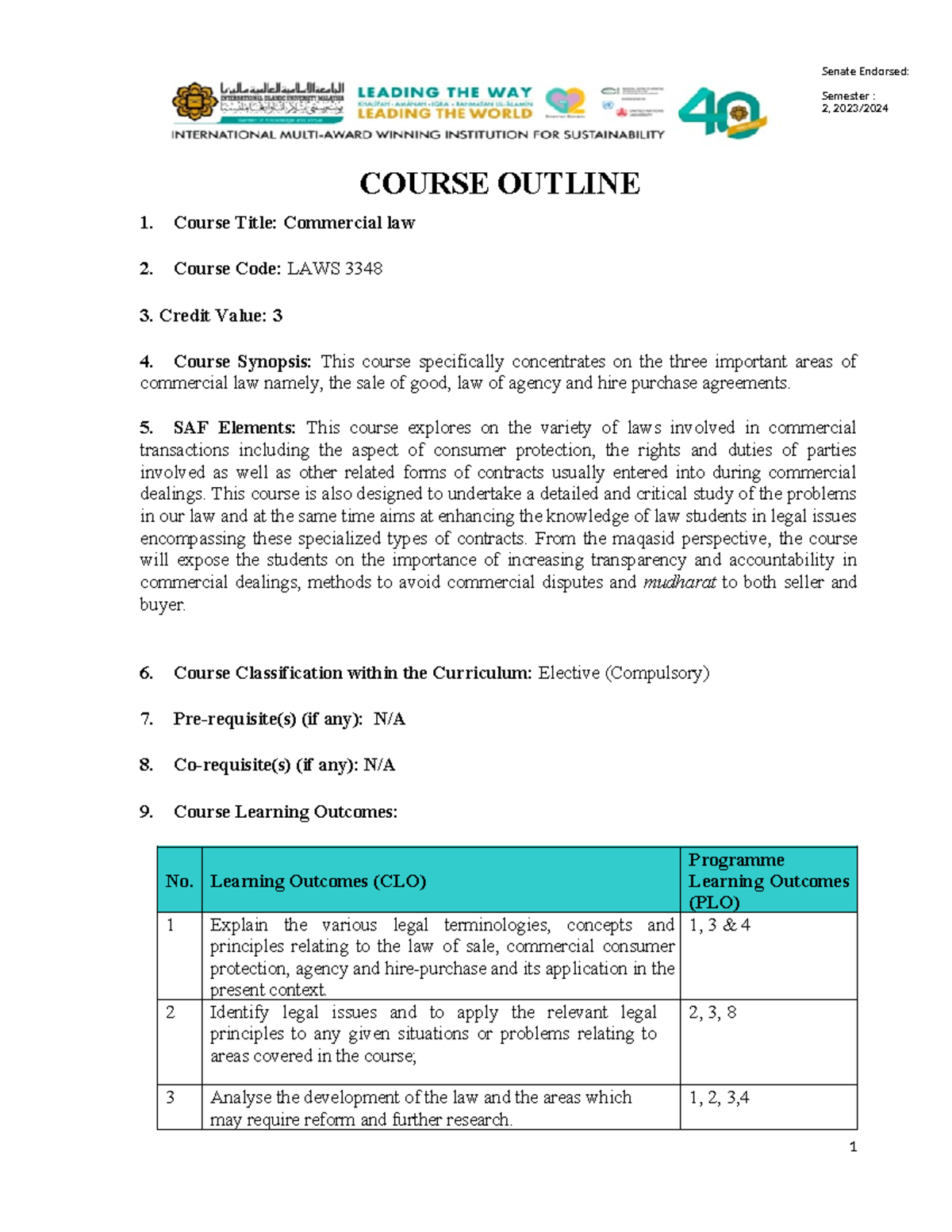 Course Outline LAWS 3348 sem 1 2024 2025 - Senate Endorsed: Semester ...