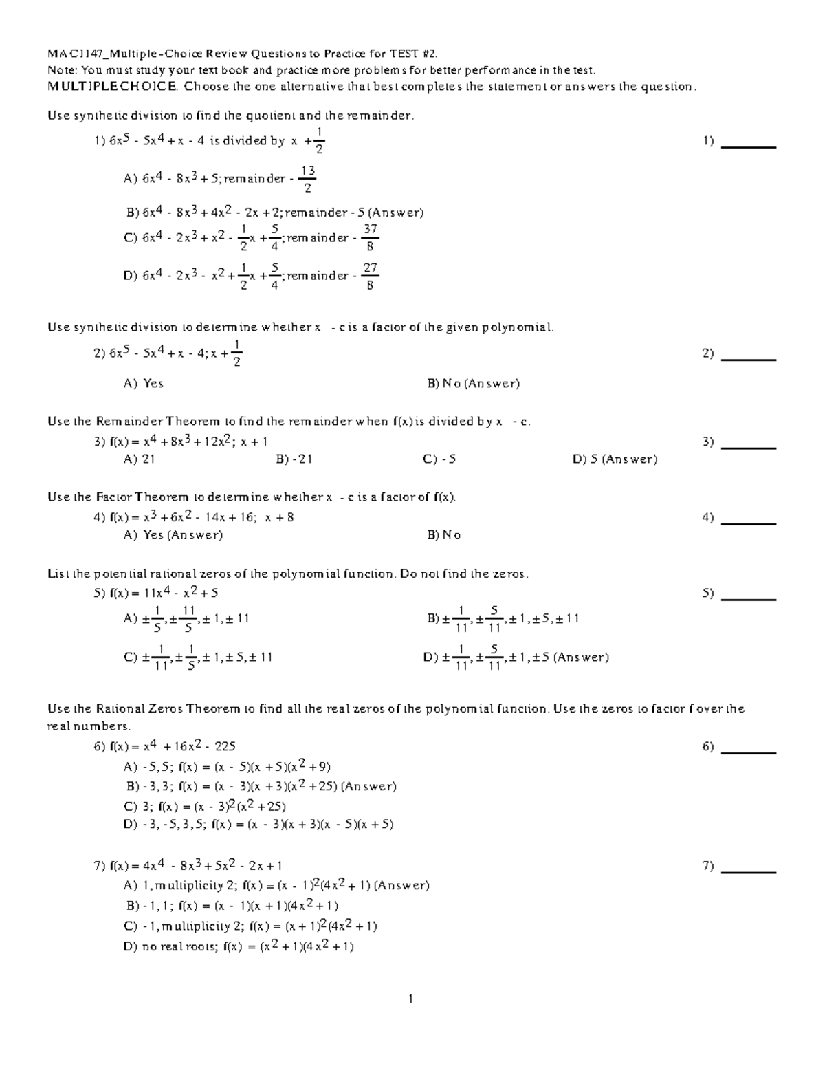 MAC1147 Review Questions Practice Test#2 with Answer Key - MAC1147 ...