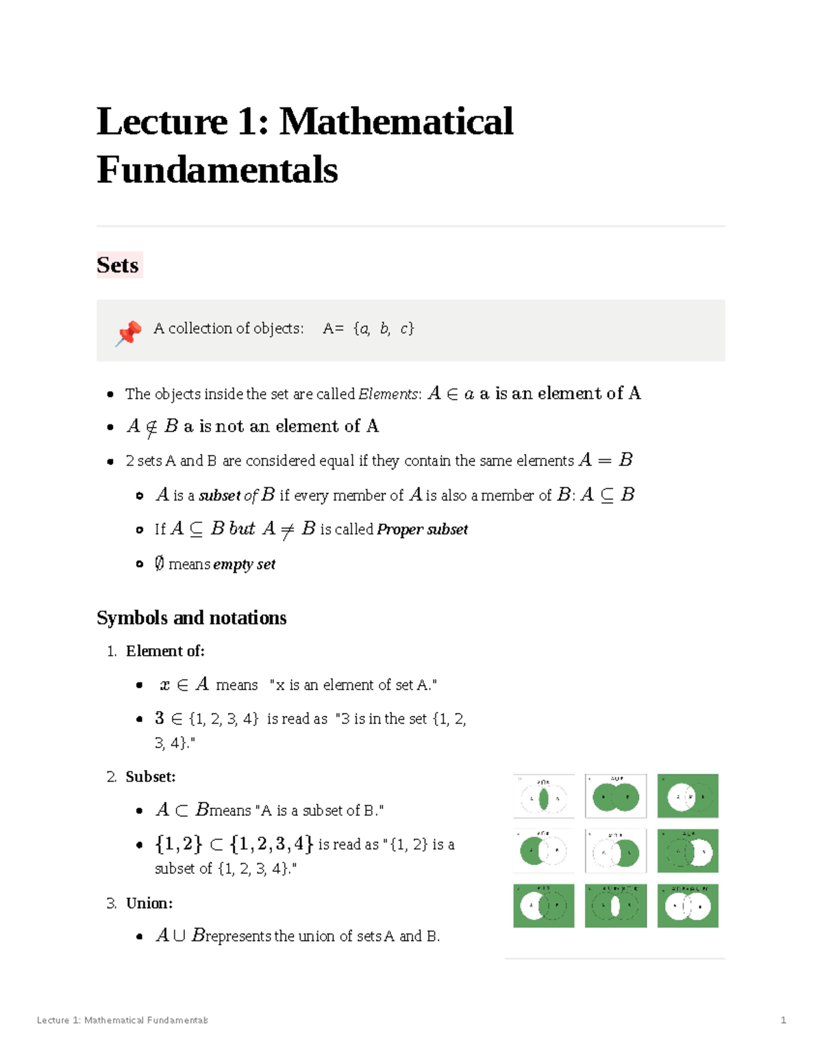 Math Fundementals - Lecture 1: Mathematical Fundamentals Sets 📌 A ...
