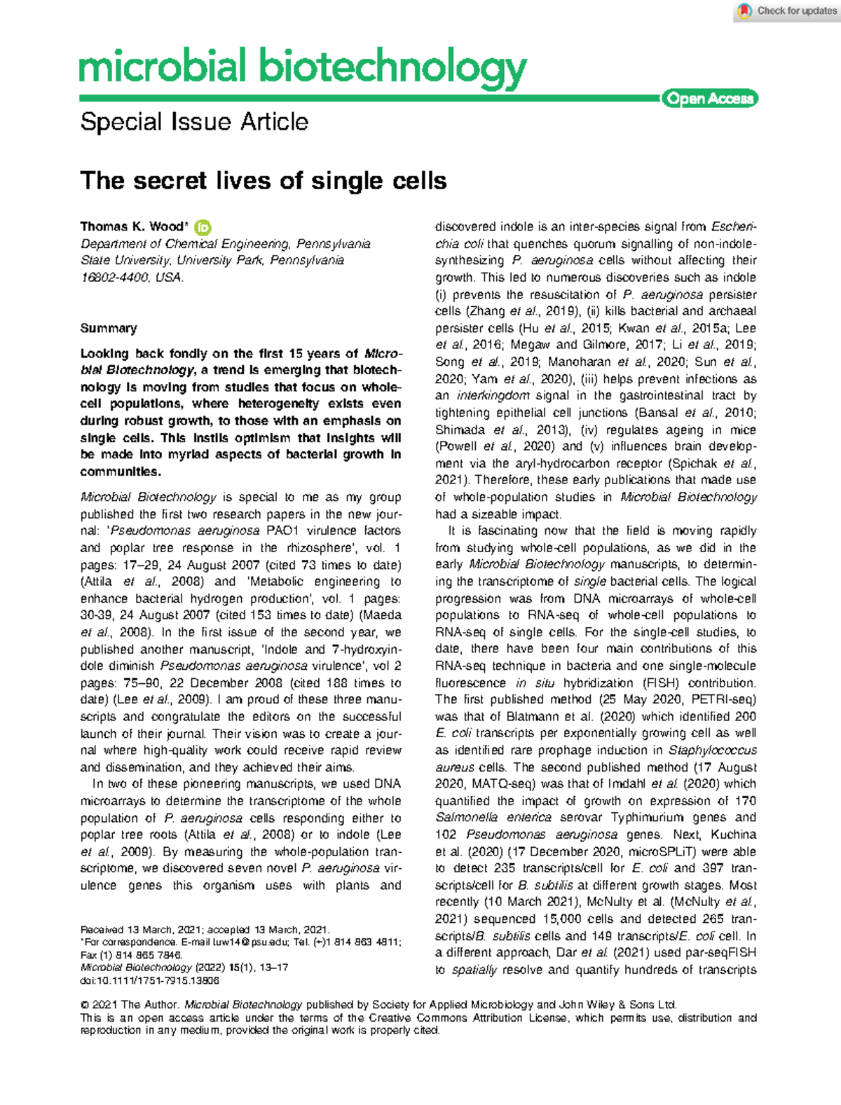 Microbial Biotechnology - 2021 - Wood - The secret lives of single ...