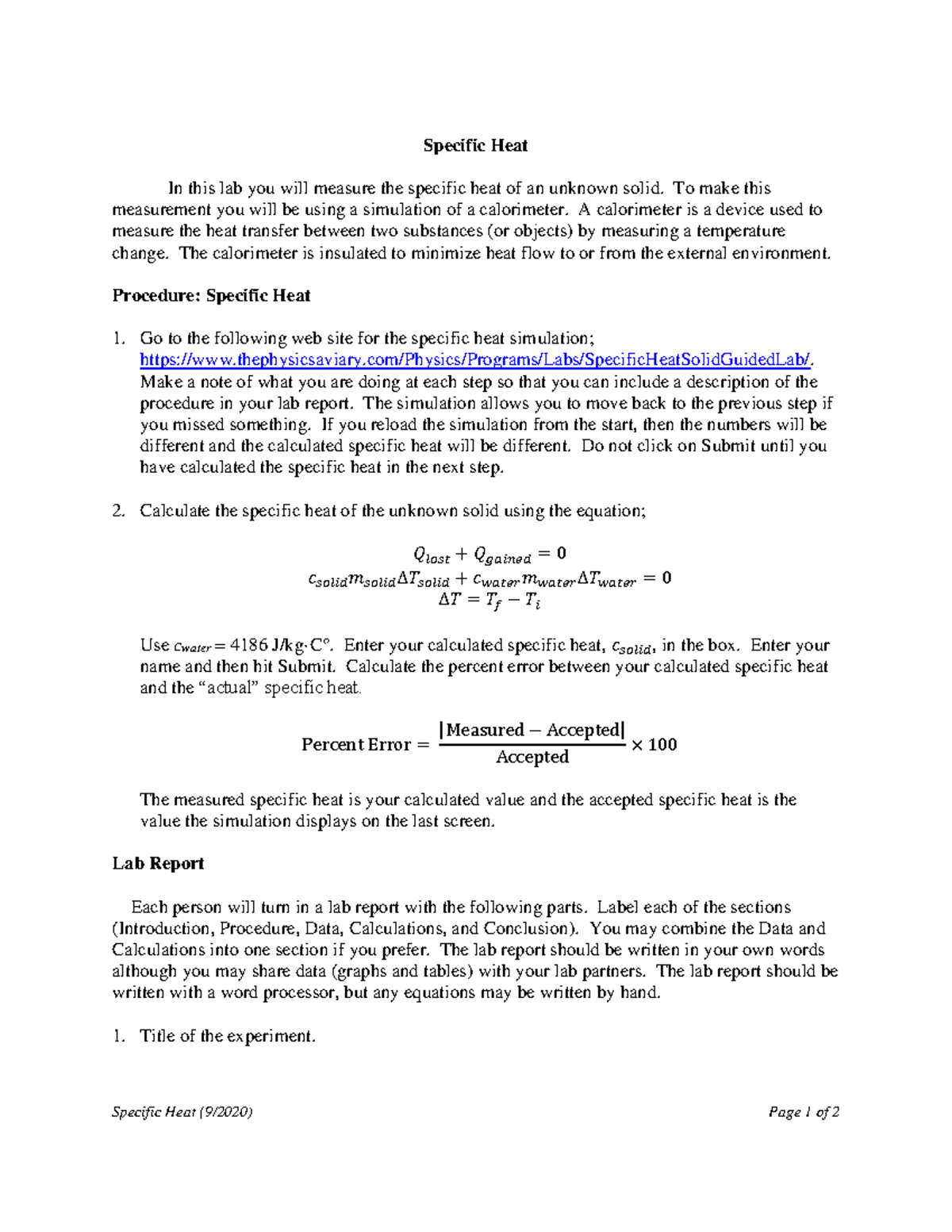 Specific Heat - Lab - Specific Heat (9/2020) Page 1 of 2 Specific Heat ...