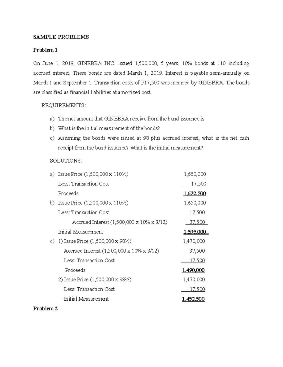 Sample Problems - SAMPLE PROBLEMS Problem 1 On June 1, 2019, GINEBRA ...